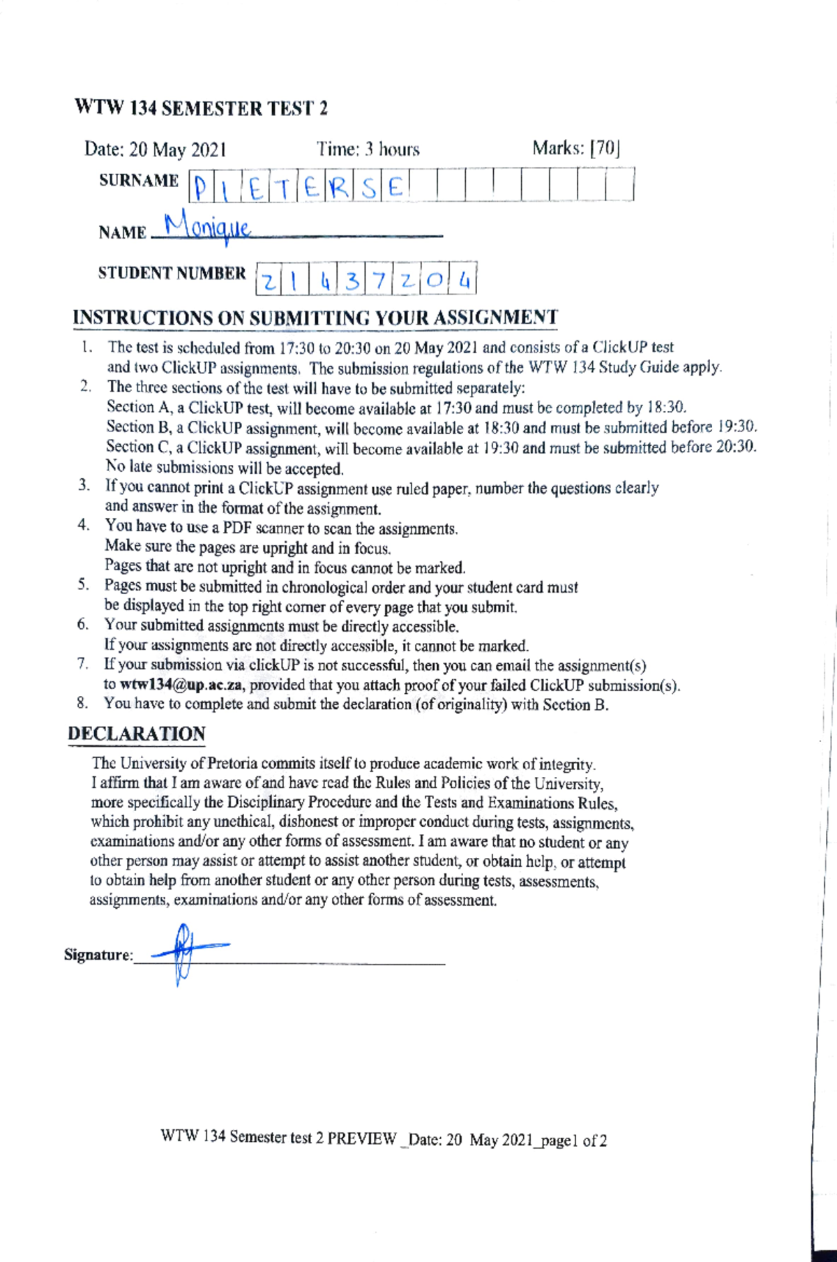 WTW 134 Semester Test 2 Instructions and Structure Guide - Studocu