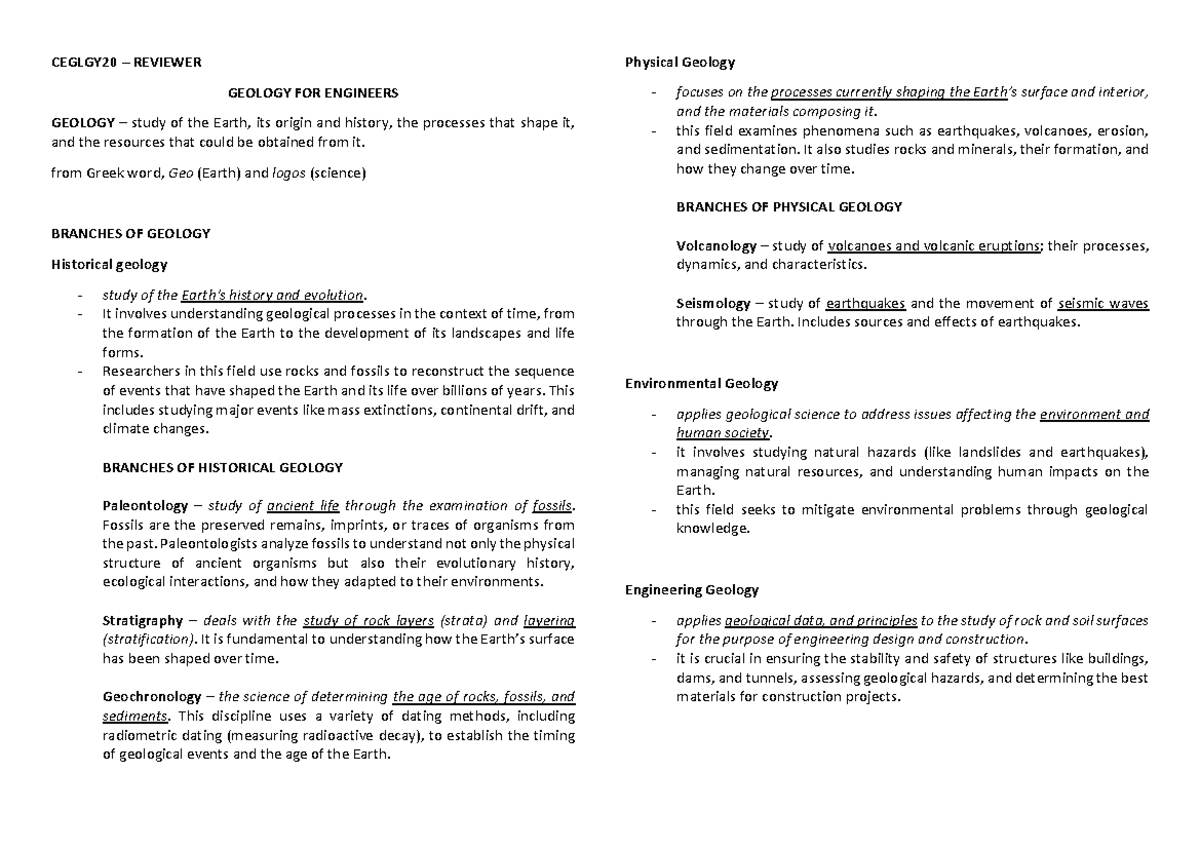 CEGLGY20 Final Exam Reviewer: Comprehensive Geology Overview - Studocu