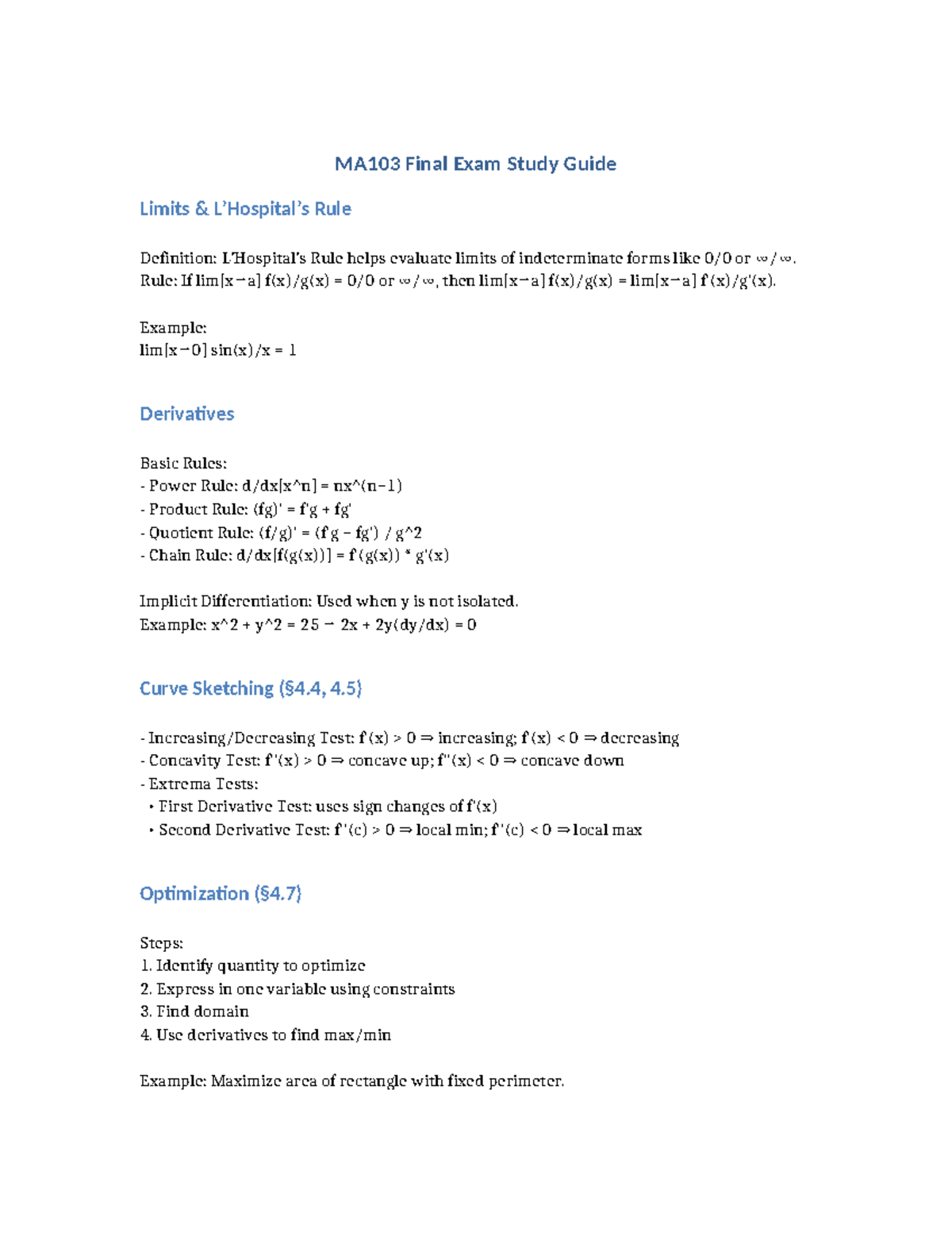 MA103 Final Exam Study Guide: Limits, Derivatives, & Optimization - Studocu