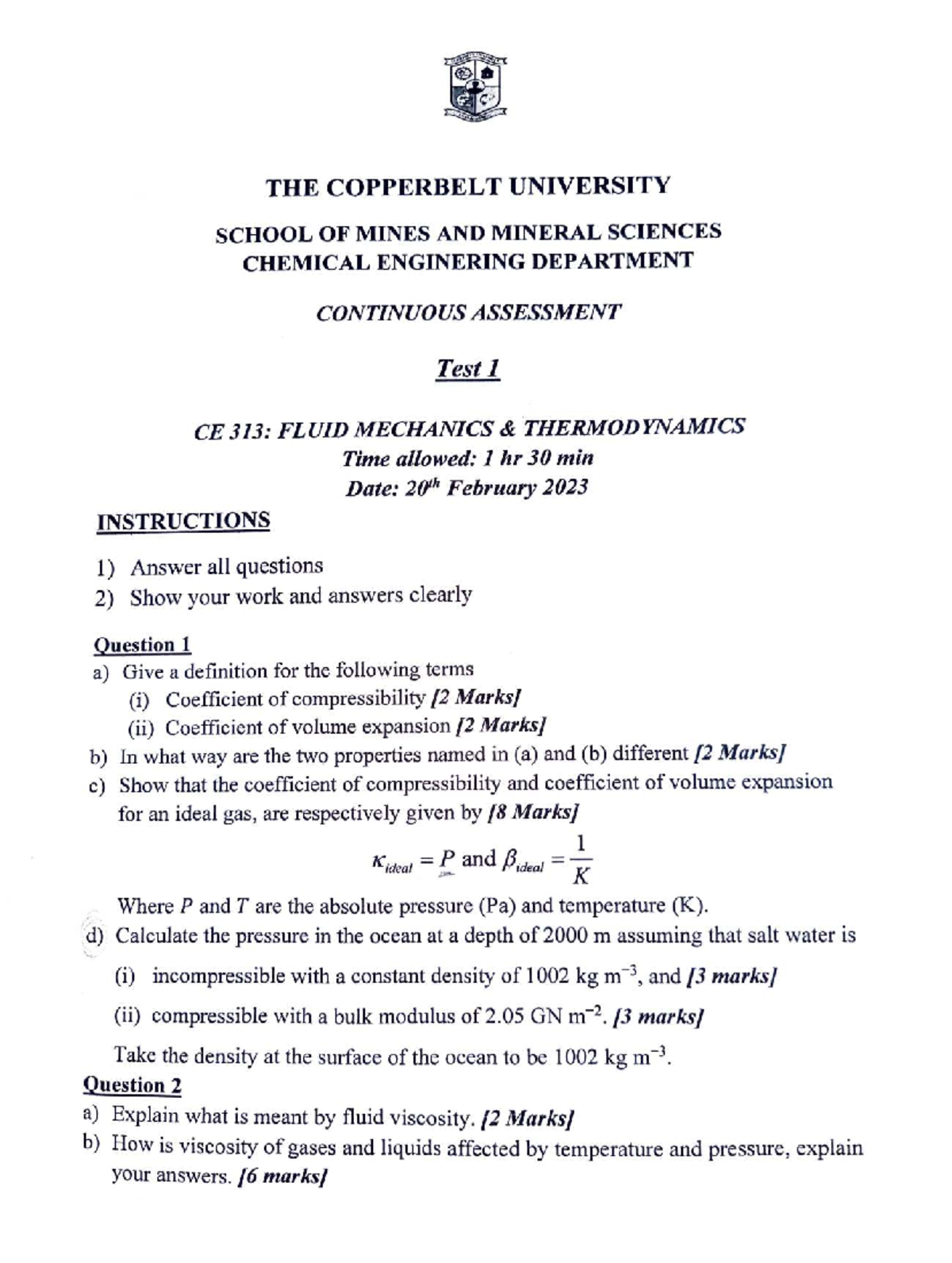CE 313: Fluid Mechanics & Thermodynamics Test 1 - 2023 - Studocu