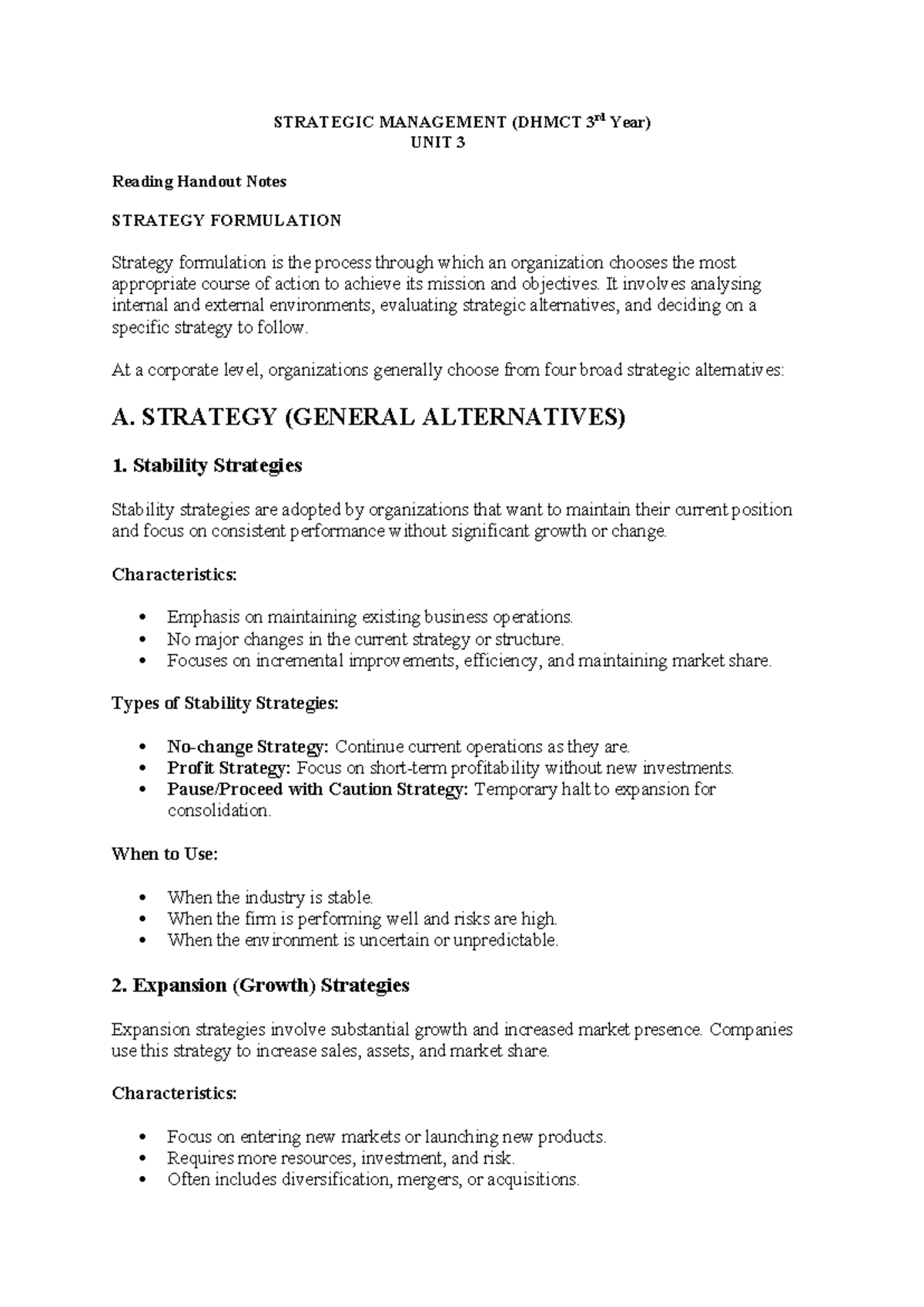Strategic Management (DHMCT 3rd Year) Unit 3: Strategy Formulation ...
