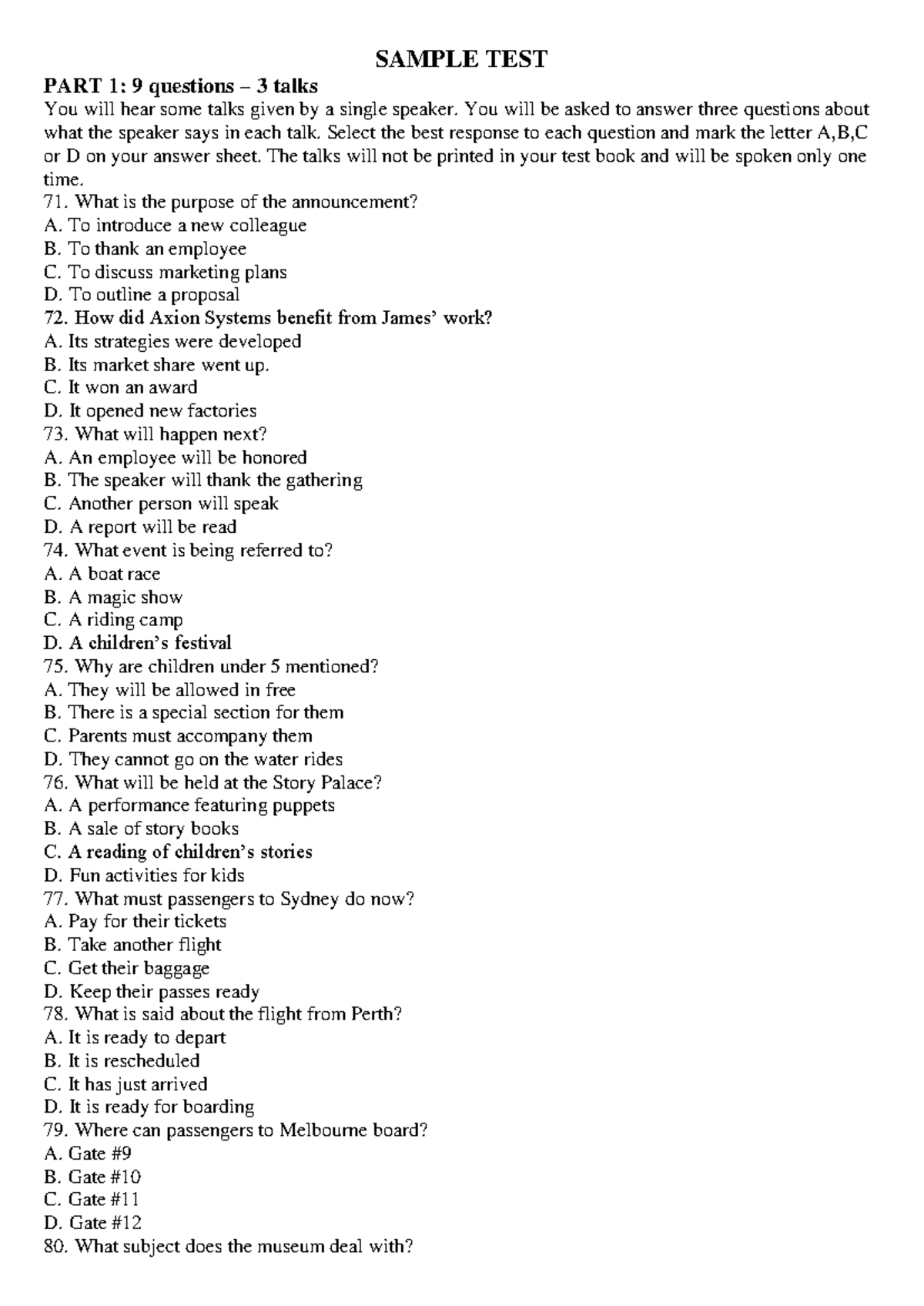 Sample Test 1: Listening Comprehension & Response Questions - Studocu