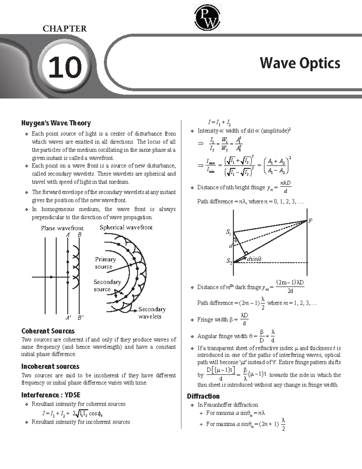 CHAPTER 10 Wave Optics Short Notes on Wave Theory - Studocu