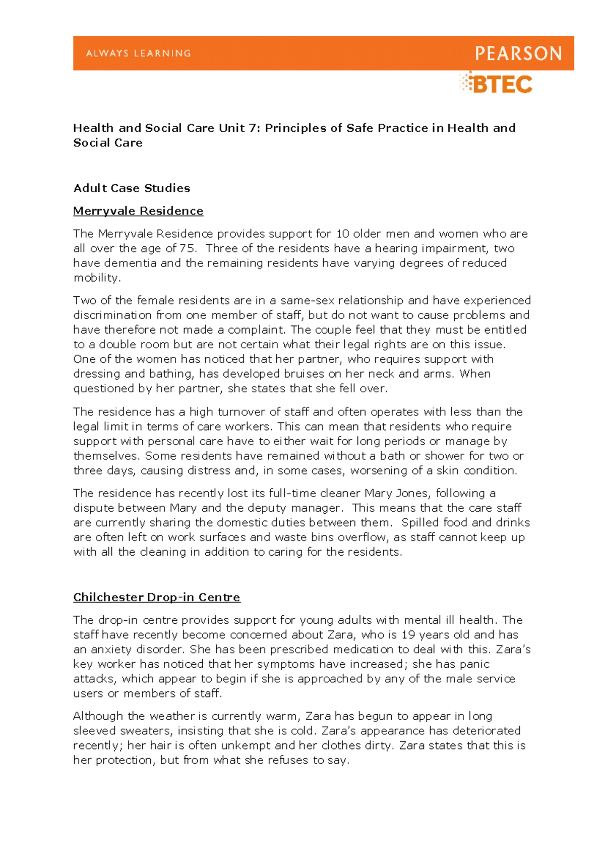 Case Studies for Health and Social Care Unit 7: Safe Practice Insights ...