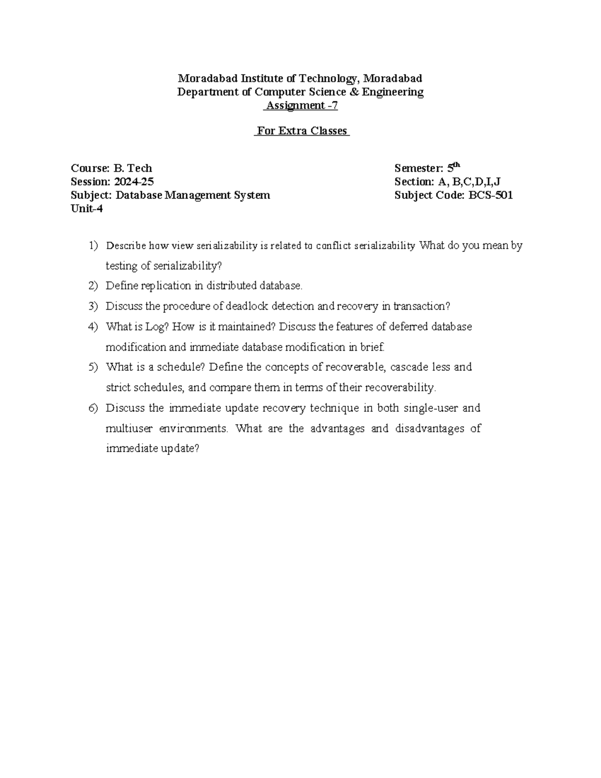 B. Tech 5th Sem Assignment 7-8: DBMS Extra Class Questions - Studocu