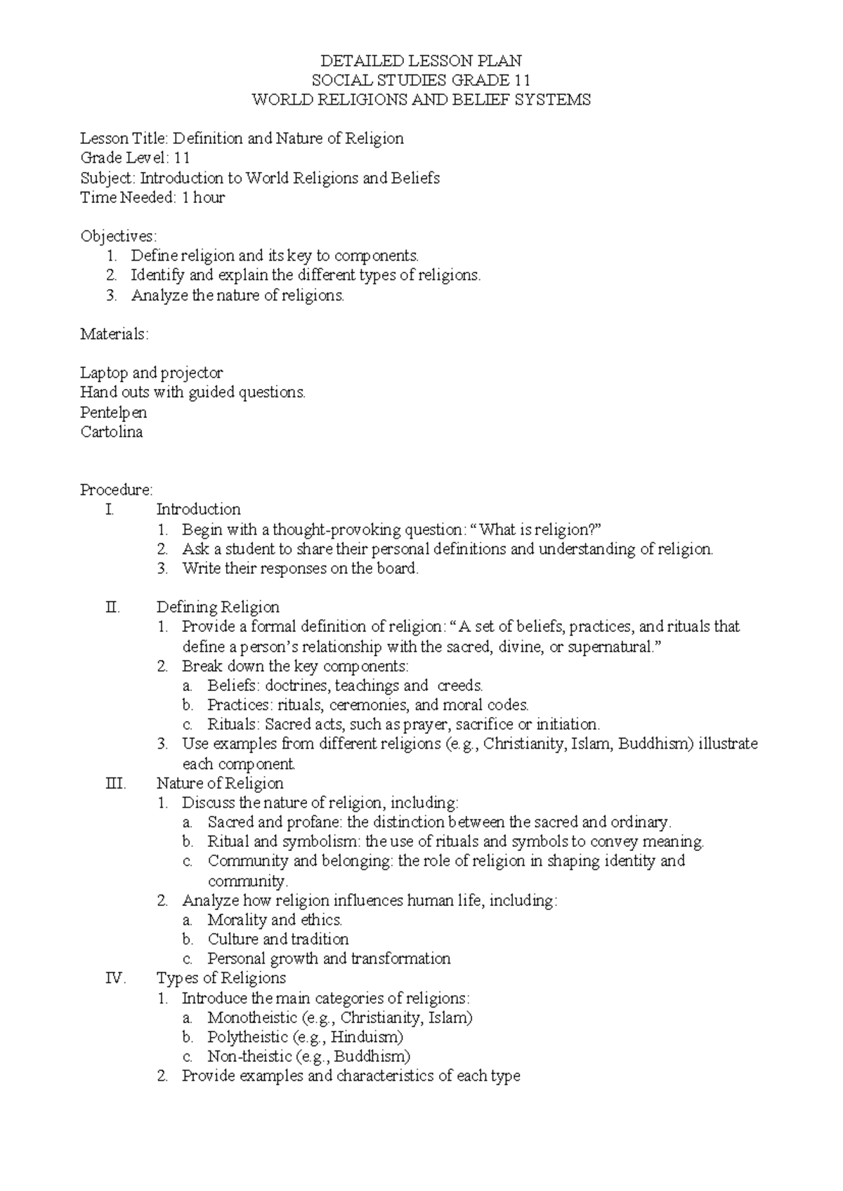 Detailed Lesson Plan - Definition & Nature of Religion (SS 11) - Studocu