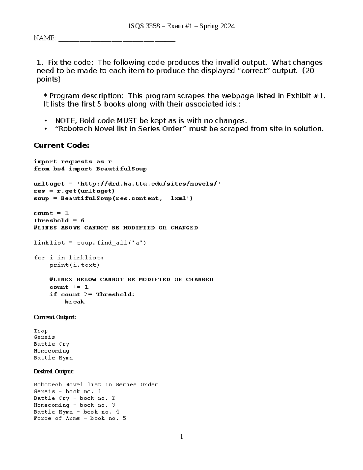 ISQS 3358 Spring 2024 Exam 1: Code Fix & Web Scraping Solutions - Studocu