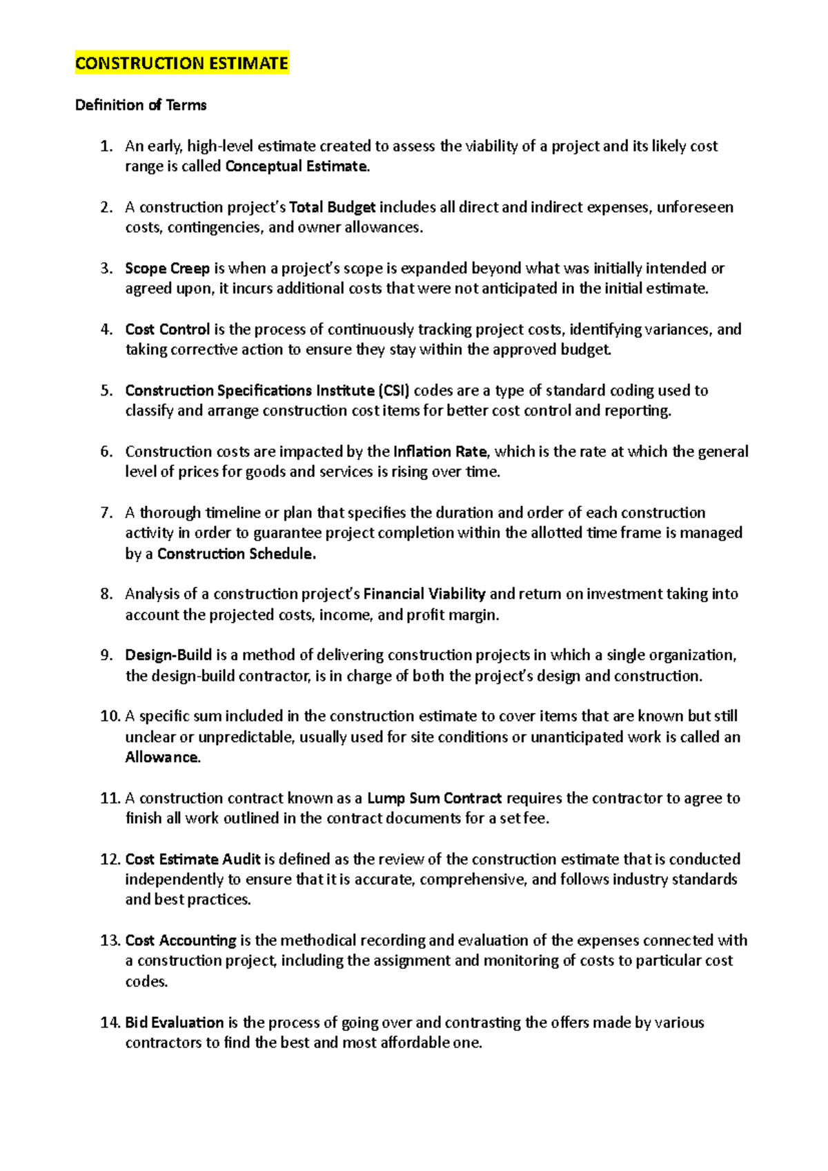Construction Estimate Review - Key Terms & Definitions - Studocu