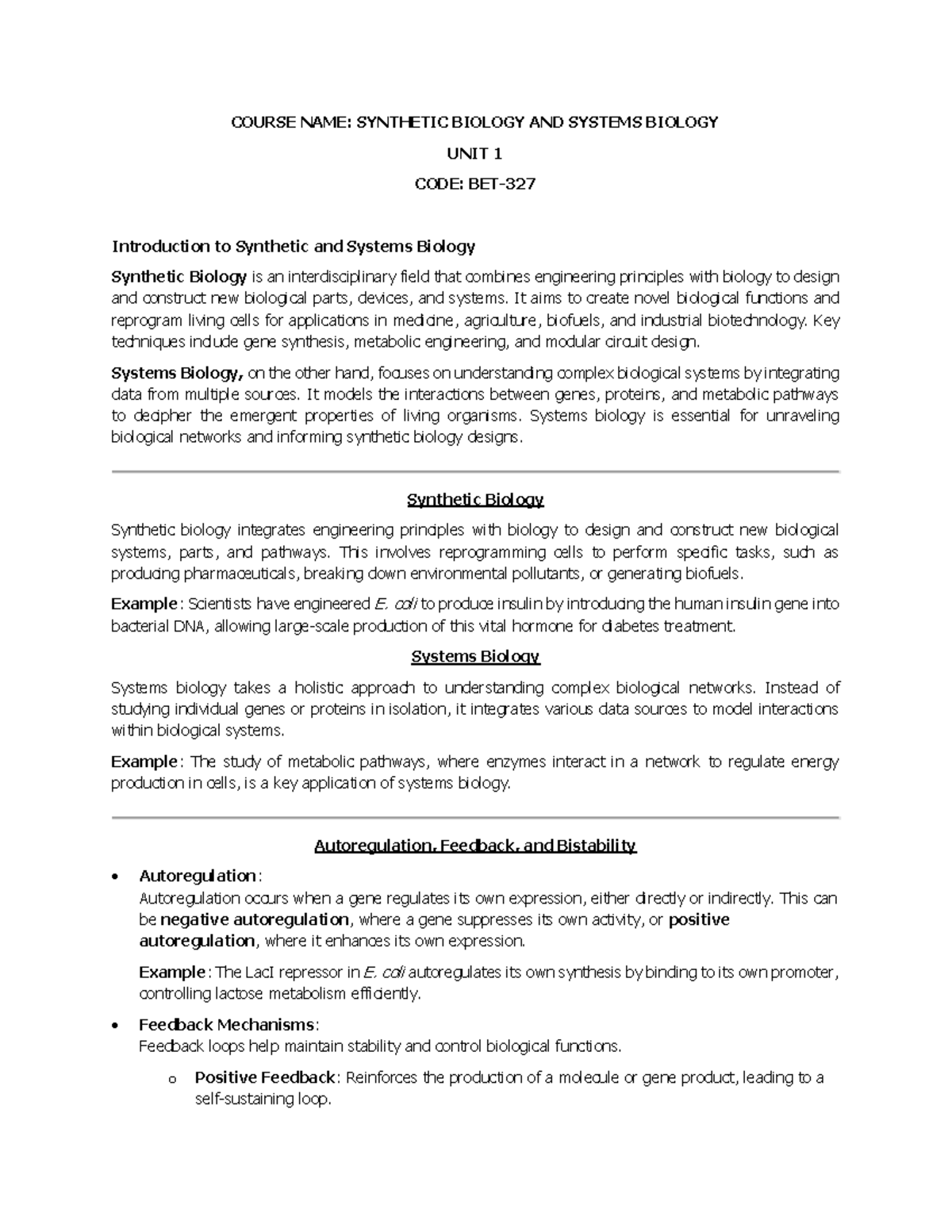 Unit 1 System Biology and Synthetic Biology - COURSE NAME: SYNTHETIC ...