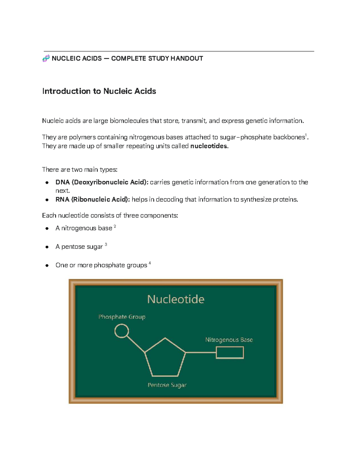 NUC 101: Comprehensive Study Handout on Nucleic Acids - Studocu