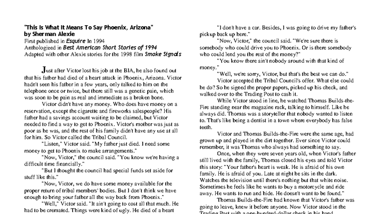 Alexie - Phoenix: A Study of Friendship and Loss in Sherman Alexie's ...