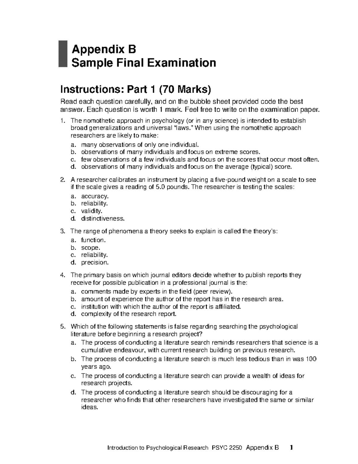 PSYC 2250 Appendix B Sample Final Exam - Introduction to Psychological Research PSYC 2250 ...