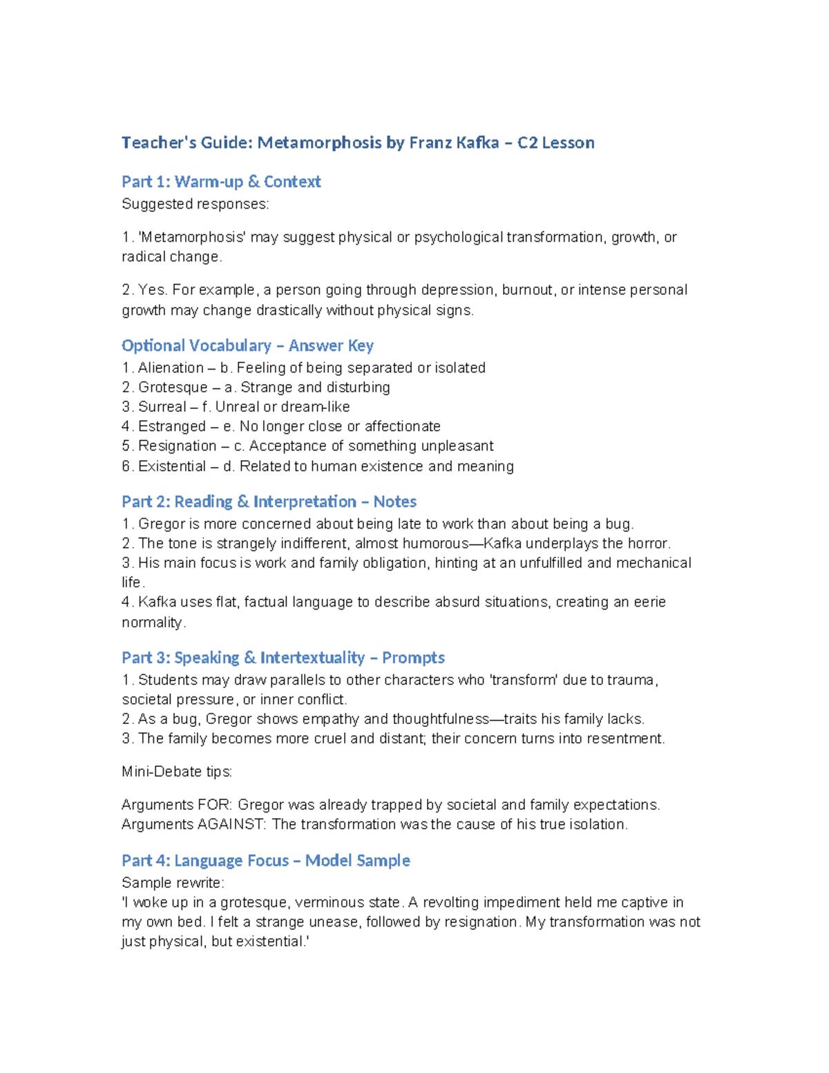 Metamorphosis Teachers Guide C2 - Teacher's Guide: Metamorphosis by ...