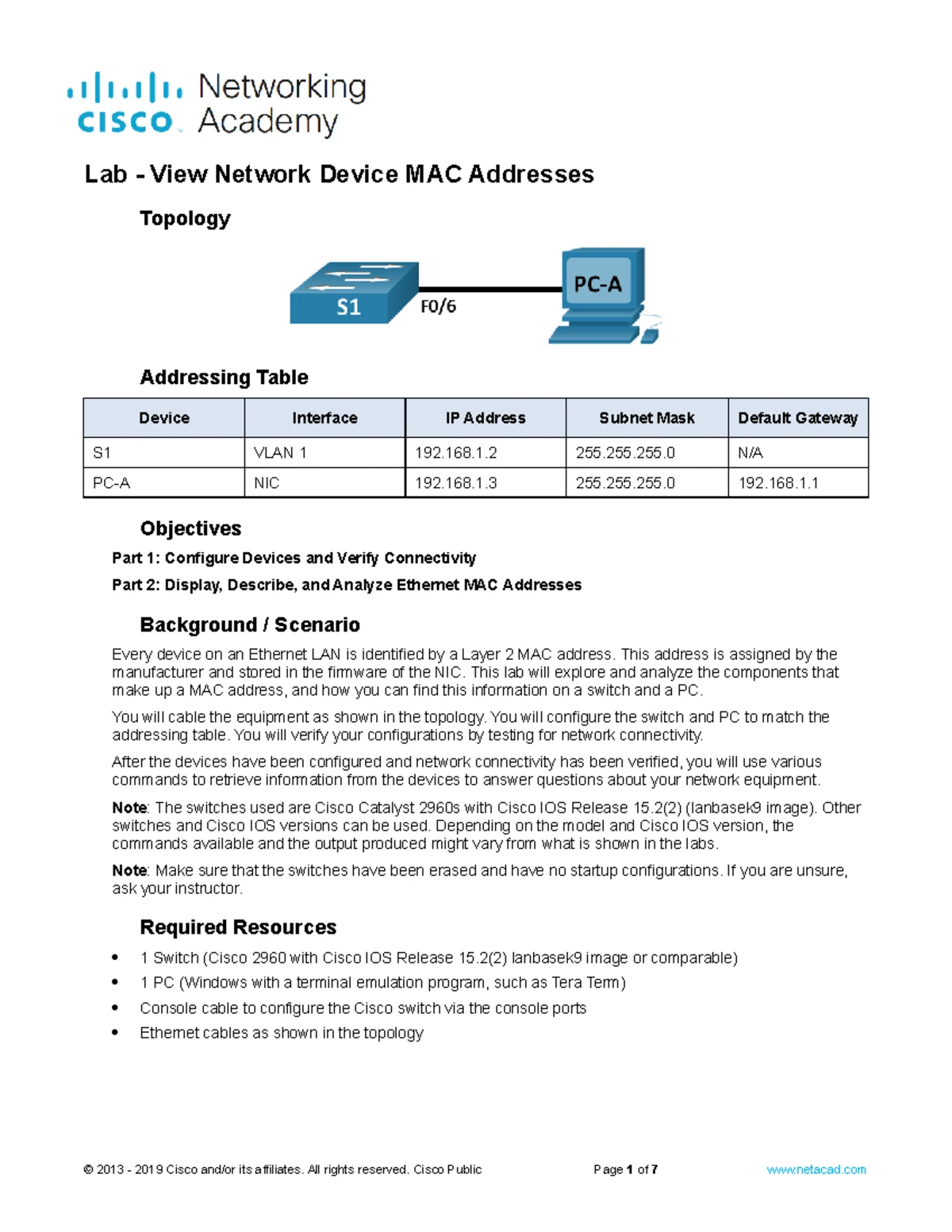 7.3.7 Lab - View the Switch MAC Address Table-TMiller - Topology Addressing Table Device ...