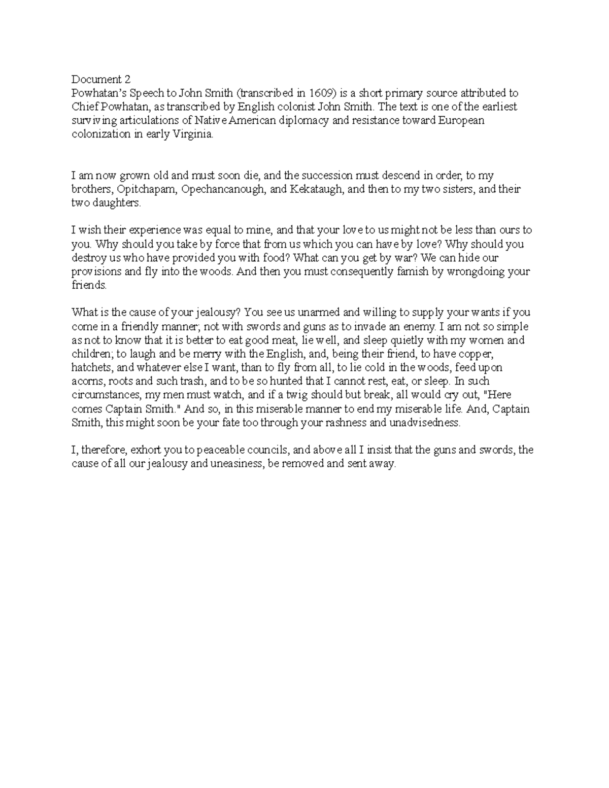 Document 2: Powhatan's Speech on Diplomacy and Resistance - Studocu