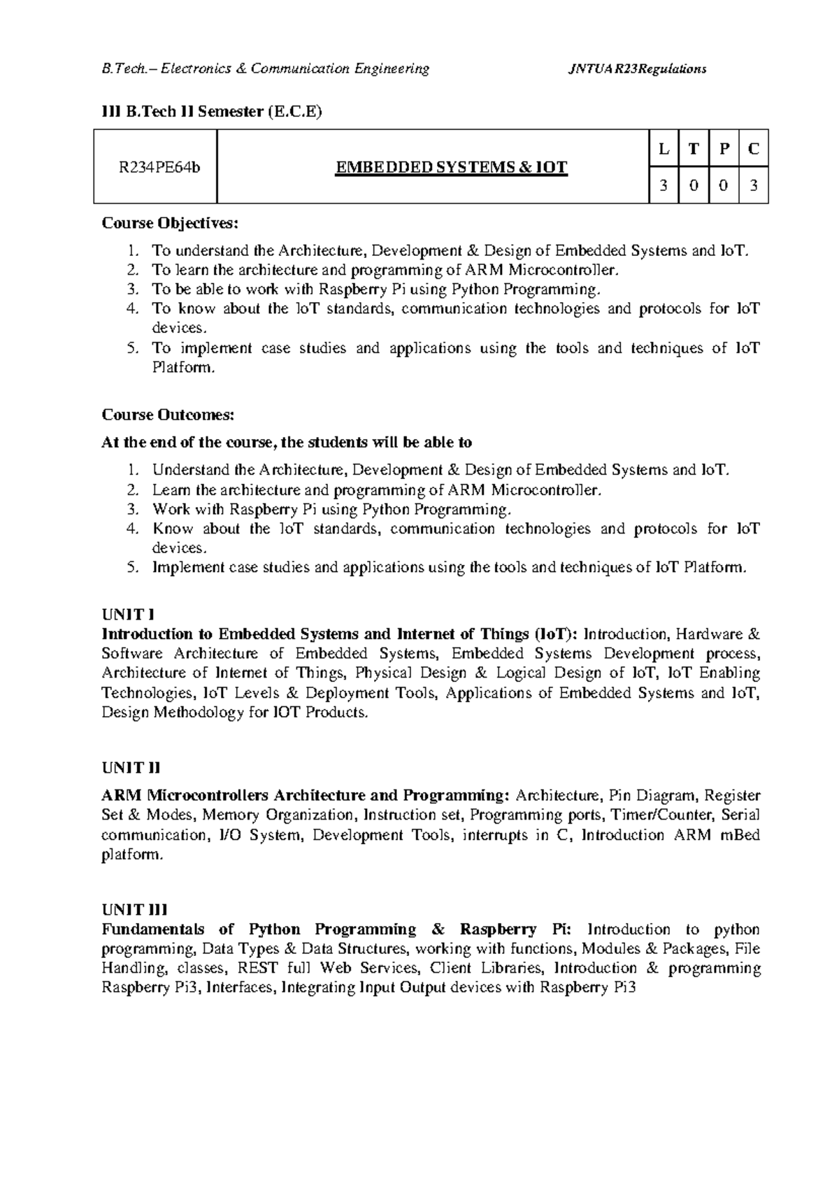 Embedded Systems & IoT Syllabus - B.Tech II Sem (E.C.E) R234PE64b - Studocu
