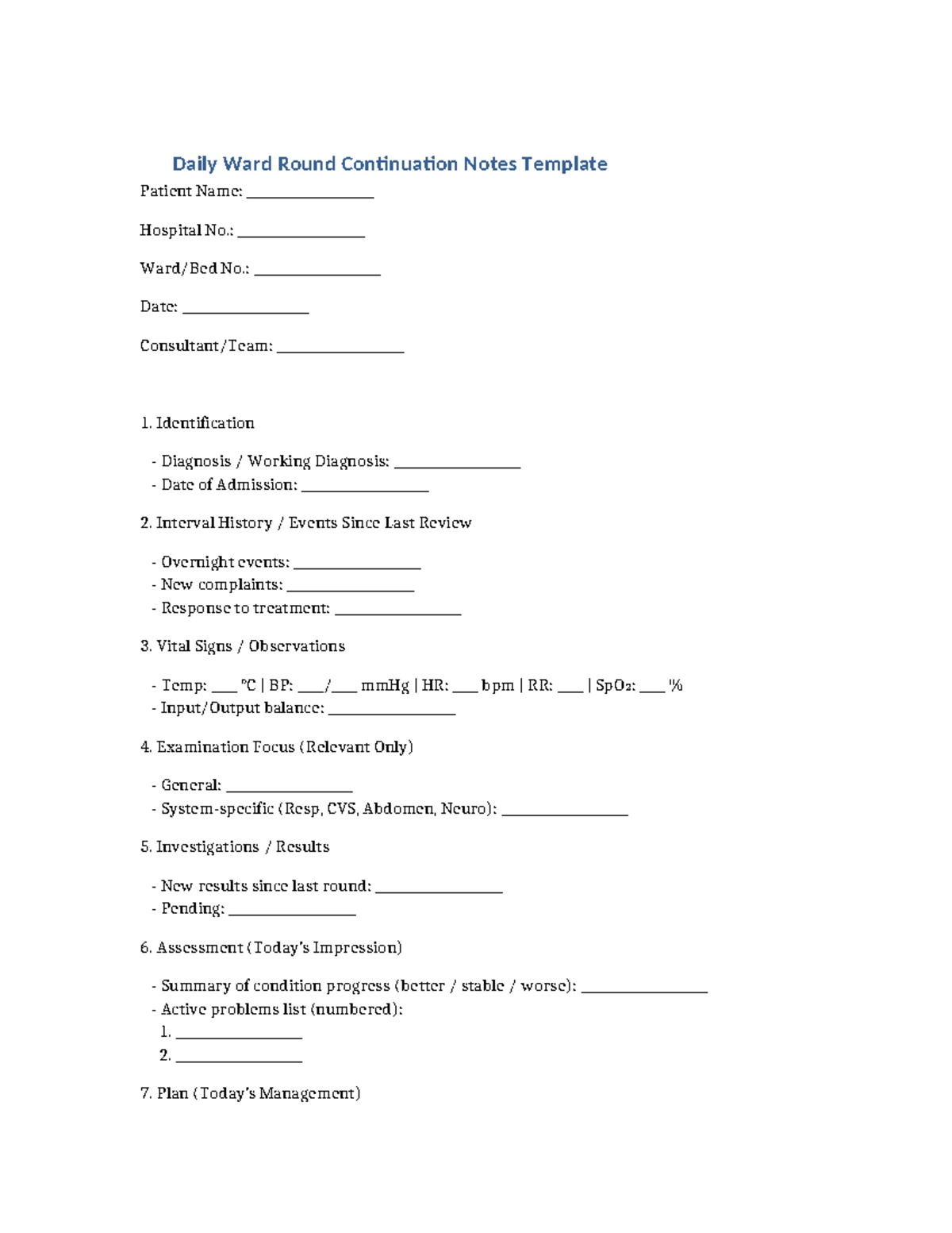 Ward Round Continuation Notes Template - : ____________________ Ward ...