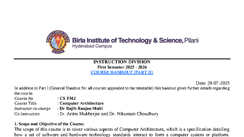 CS F342 Computer Architecture Course Handout (Part II) 2025-26 - Studocu