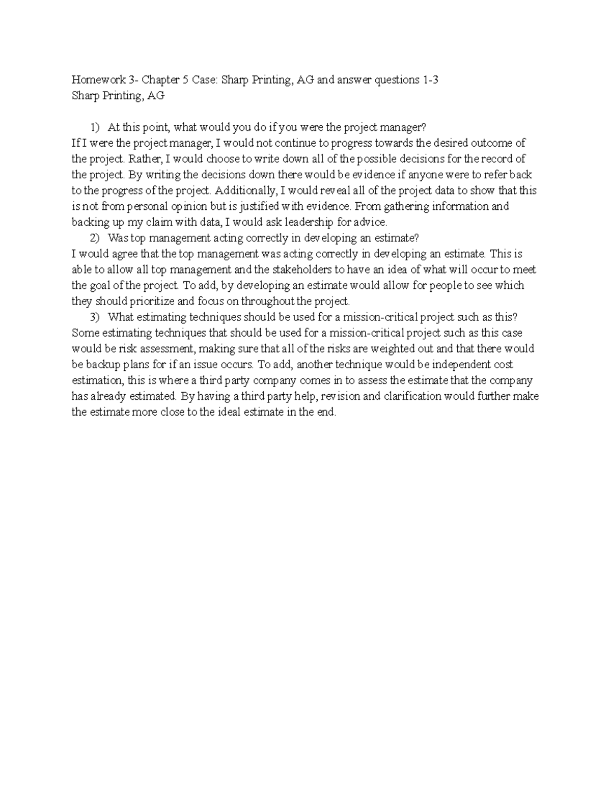 Homework 3: Case Study on Sharp Printing, AG Decisions and Estimates ...