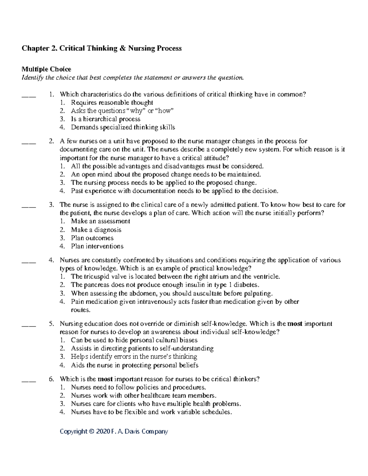 Ch02 - Practice Questions: Critical Thinking & Nursing Process - Studocu