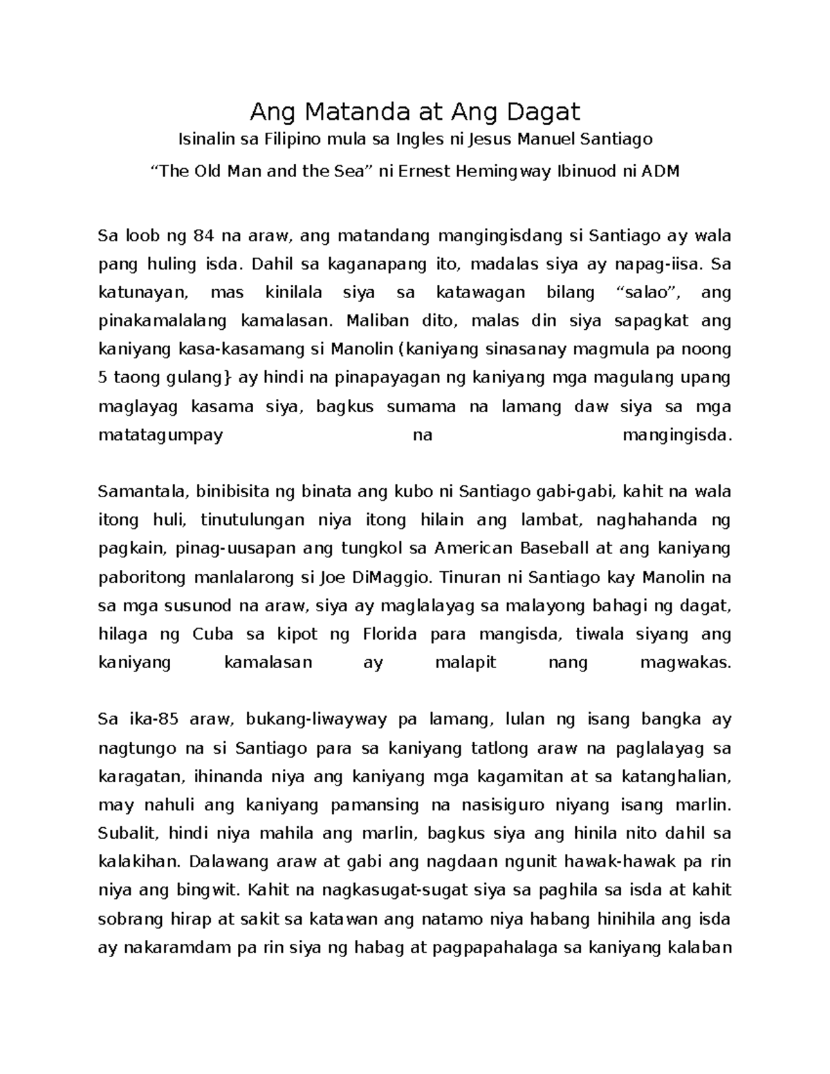 Ang Matanda at Ang Dagat - Ang Matanda at Ang Dagat Isinalin sa ...