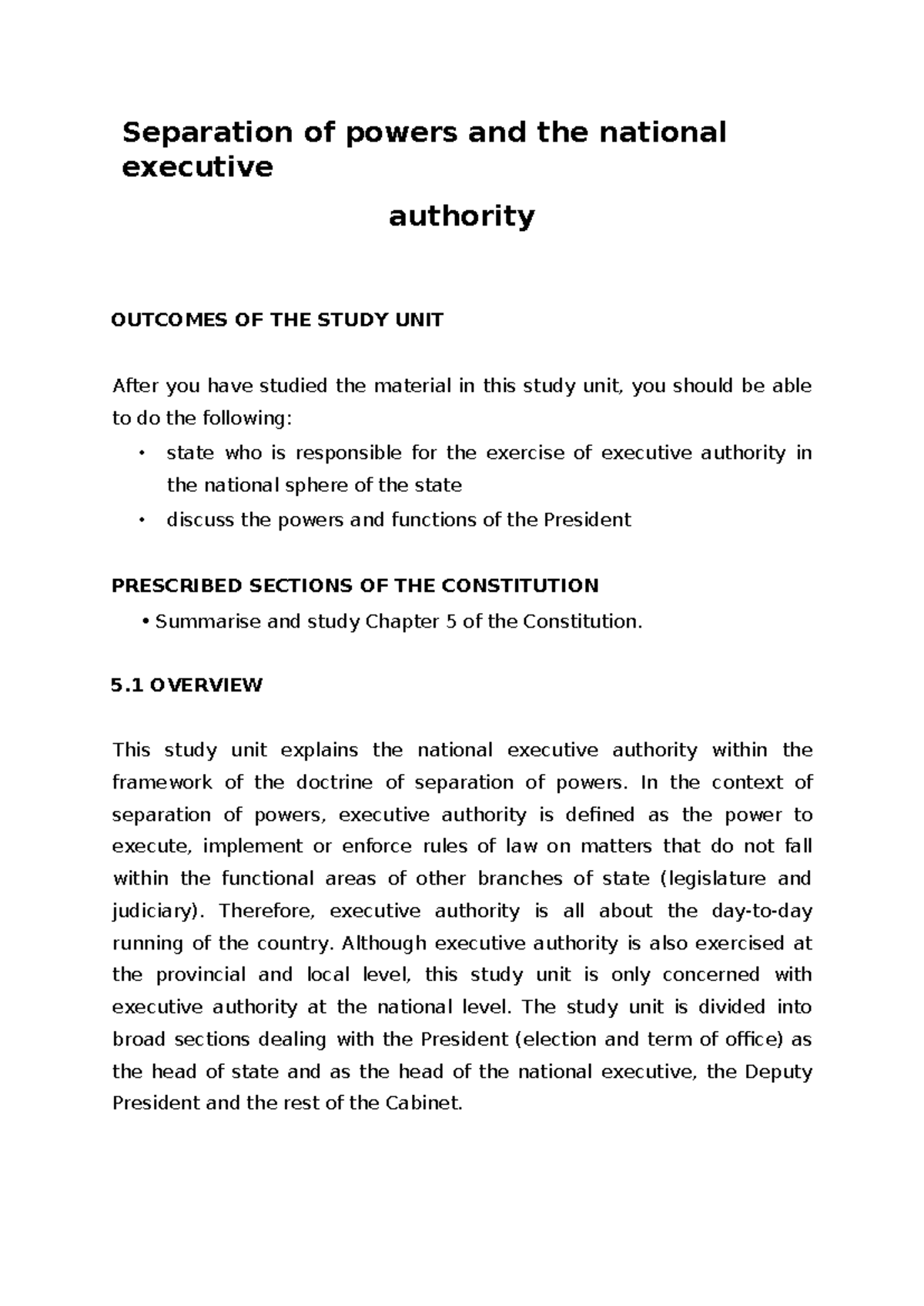 Separation of Powers and the National Executive Authority (LAW 101 ...