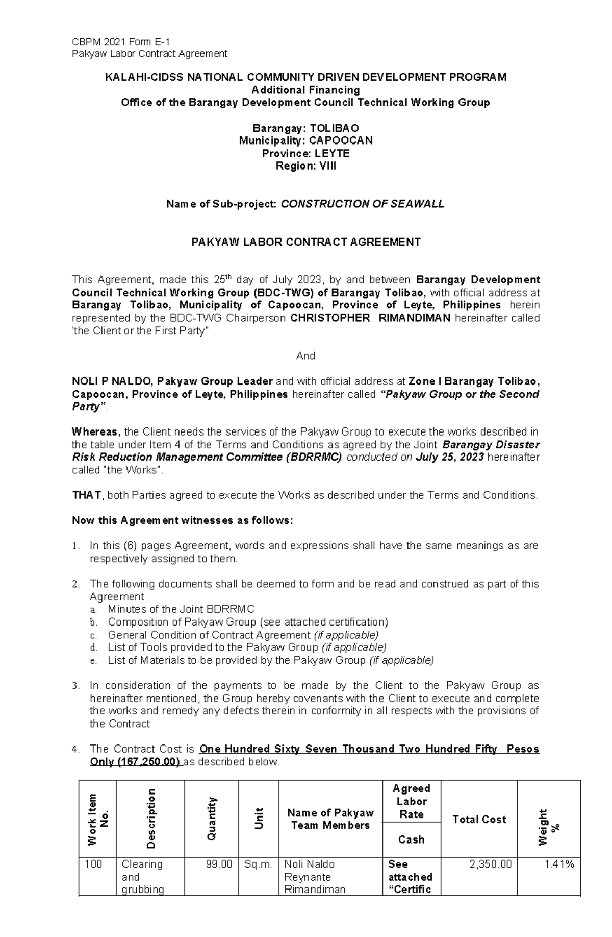 CBPM 2021 Pakyaw Labor Contract Agreement for Seawall Construction ...