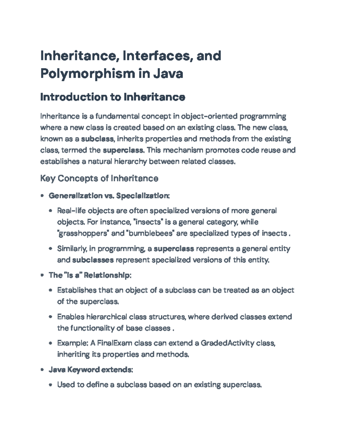 Java Oop Concepts Inheritance Interfaces Polymorphism Notes Studocu