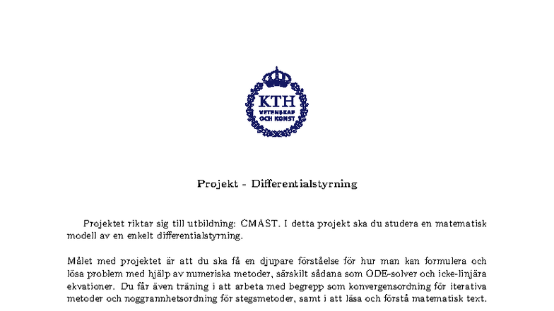 Differentialstyrning Projekt HT25: Matematisk Modell och Metoder - Studocu