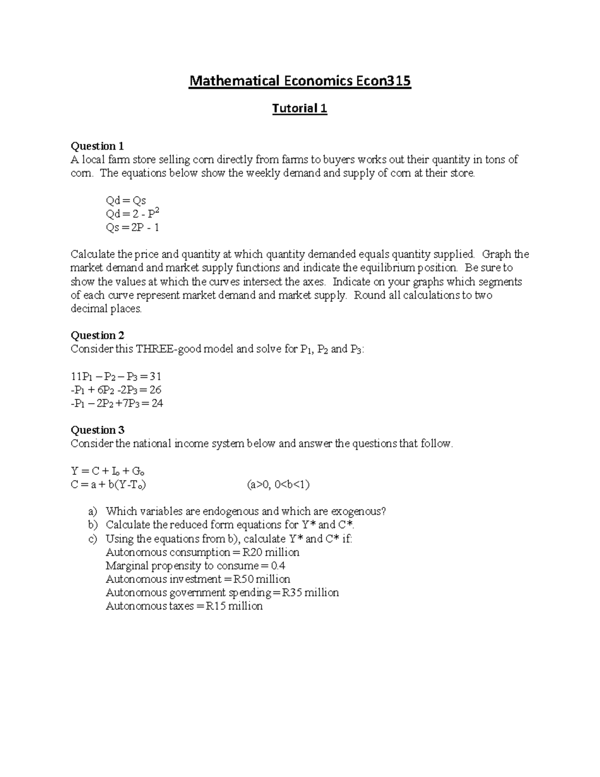 Tutorial 1 2025 - khujgfds - Mathematical Economics Econ Tutorial 1 ...