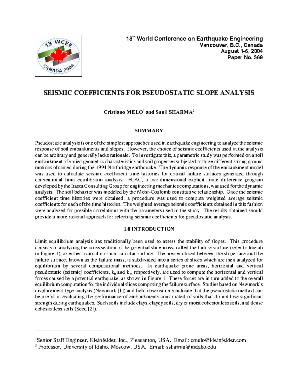 Seismic Coefficients for Pseudostatic Slope Analysis - Paper 369 - Studocu
