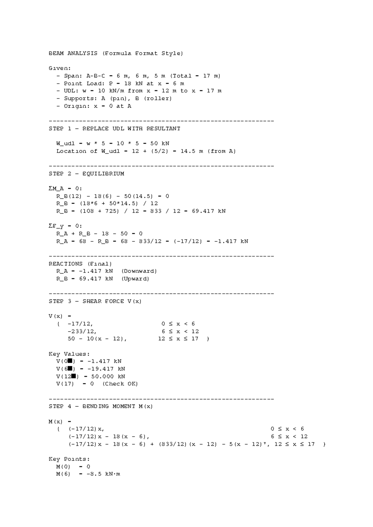 BEAM ANALYSIS (Formula Format) - Solution for Load & Moments - Studocu