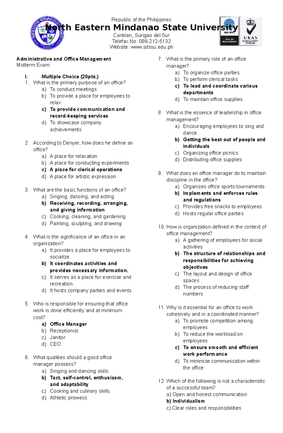 Administrative and Office Management - Midterm Exam Answer Key - Studocu