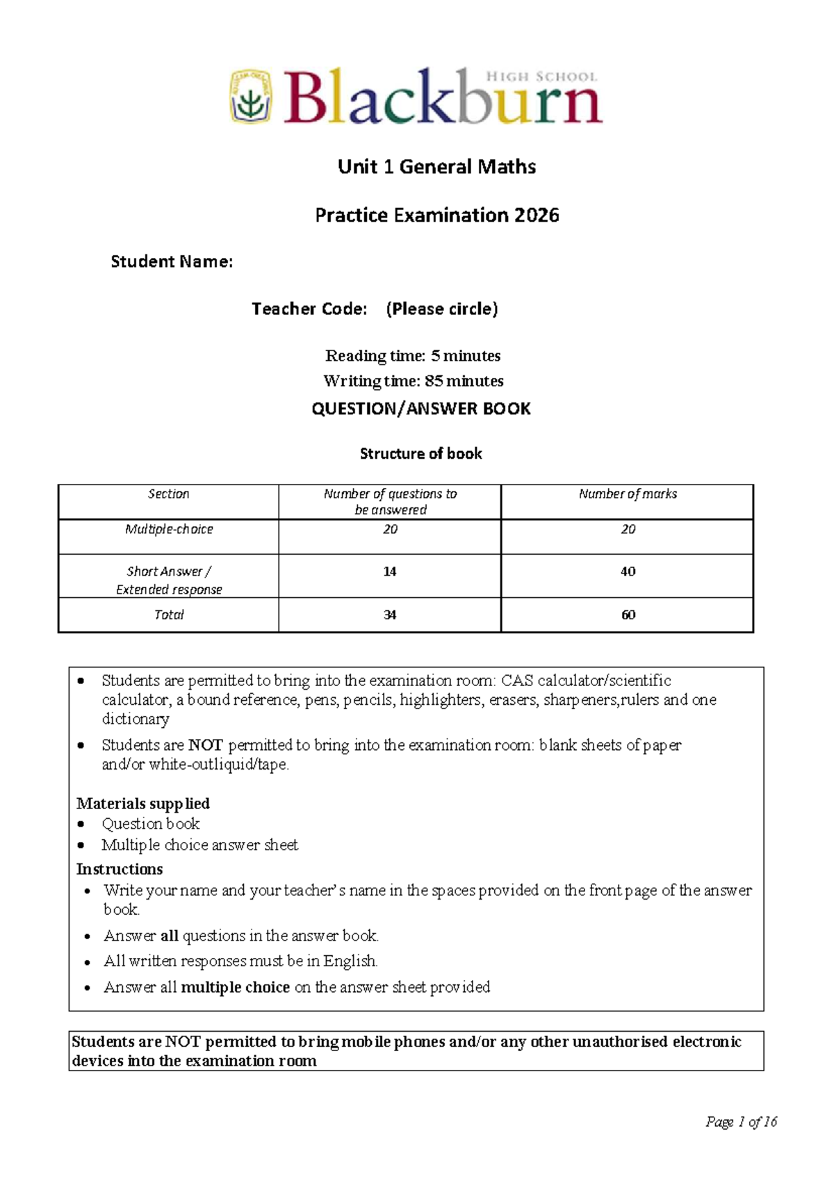 General Maths Unit 1 Practice Exam 2026 - Studocu