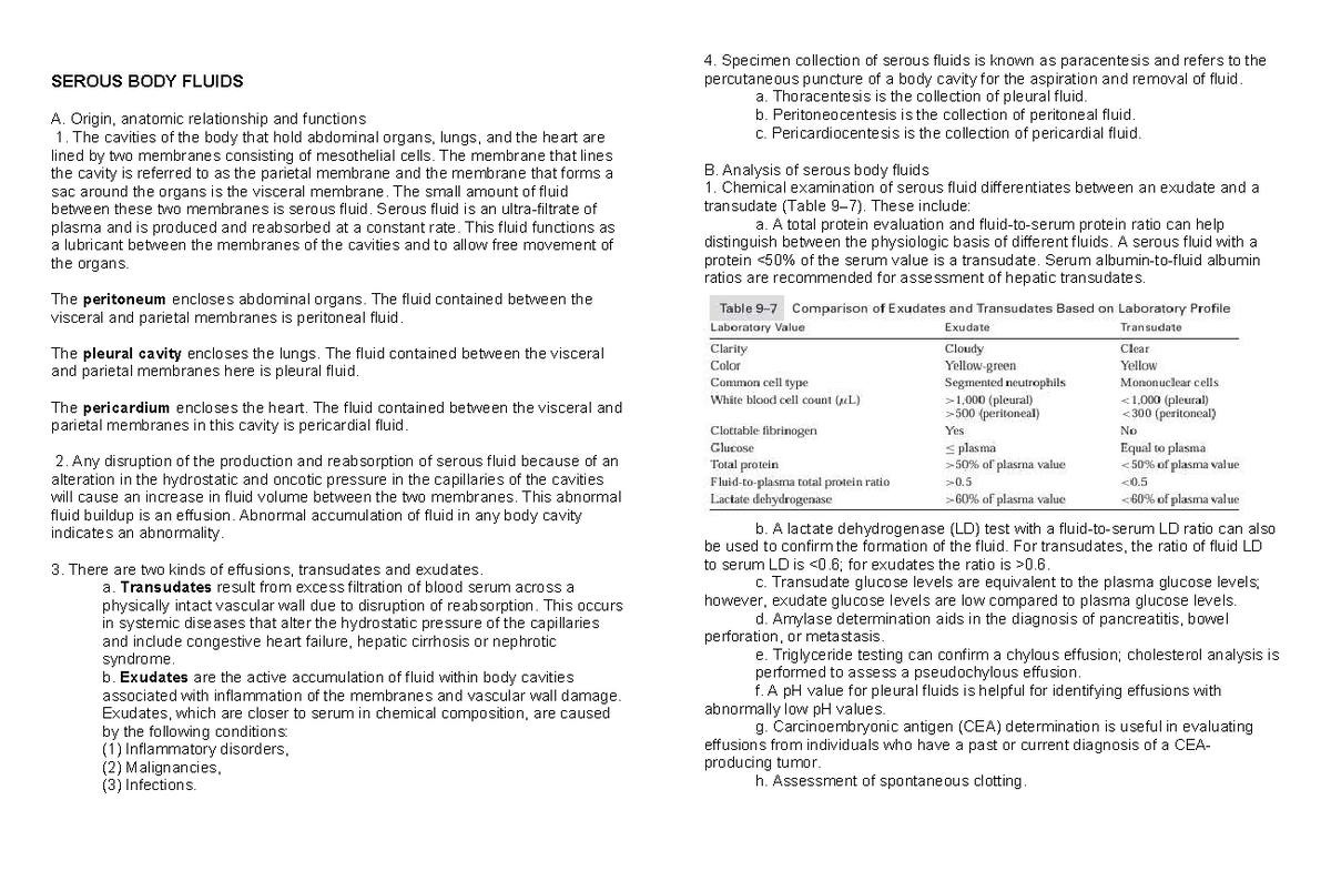 OBF 101: Overview of Serous and Synovial Body Fluids - Studocu
