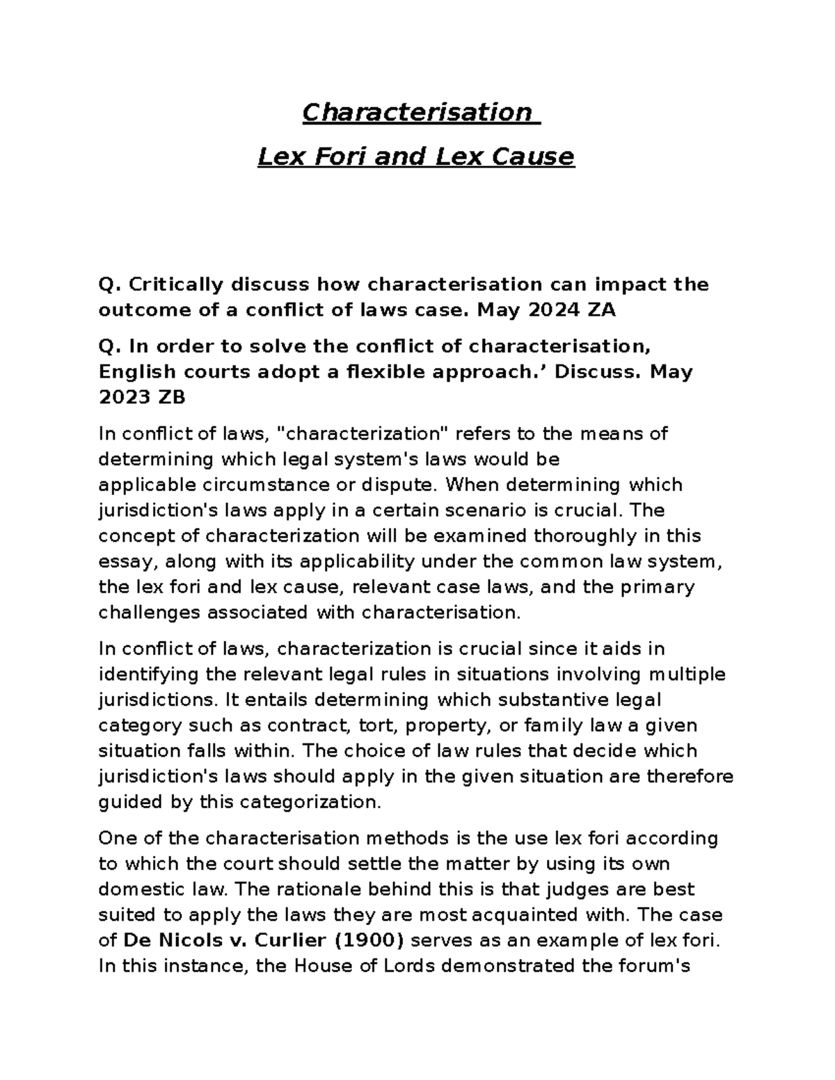 Characterisation in Conflict of Laws: Lex Fori vs. Lex Causae Analysis ...