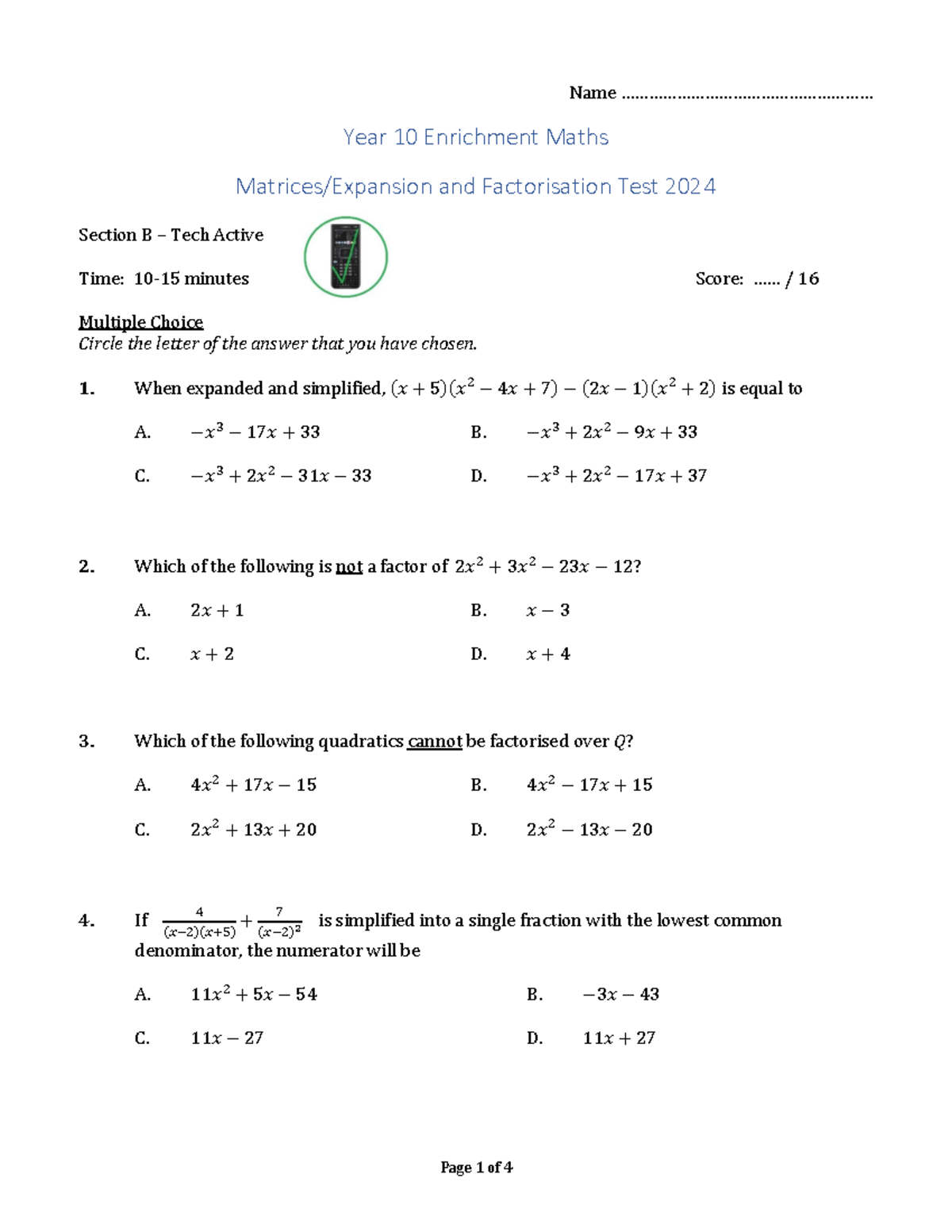 Year 10 Enrichment Maths Factorisation Test 2024 - Section B - Studocu