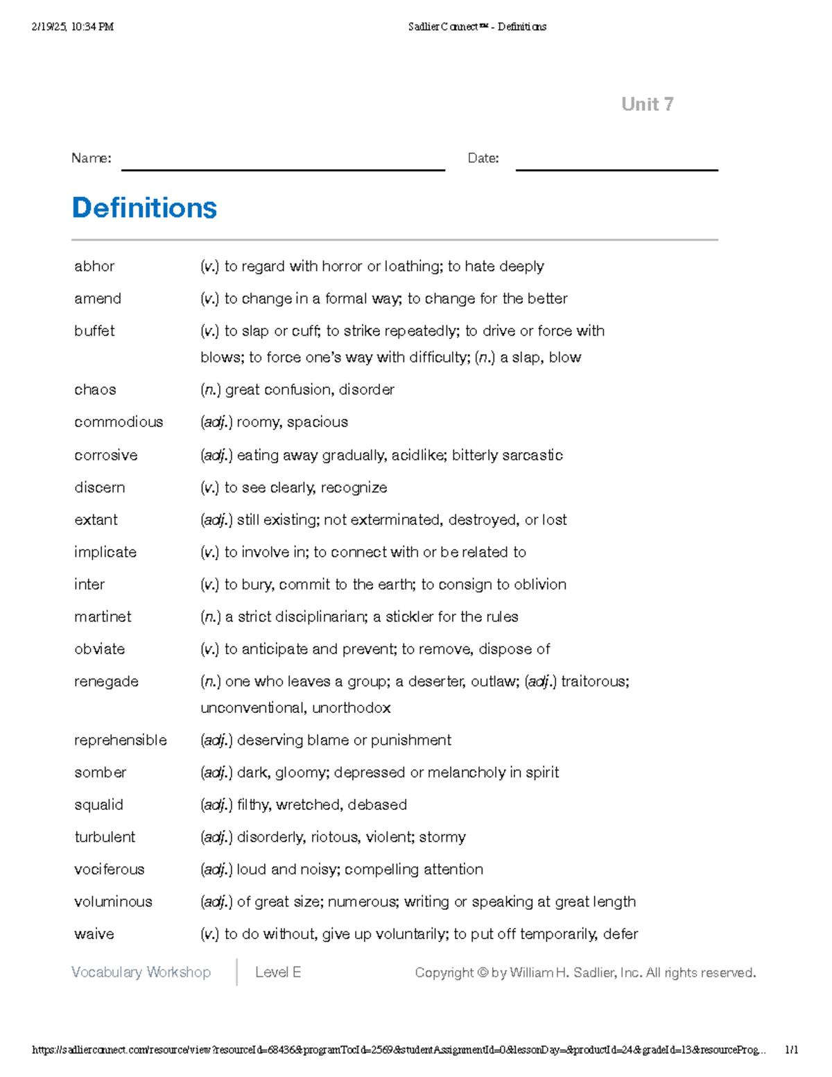 Sadlier Connect™ Vocab Workshop Level E - Unit 7 Defs & Terms - Studocu