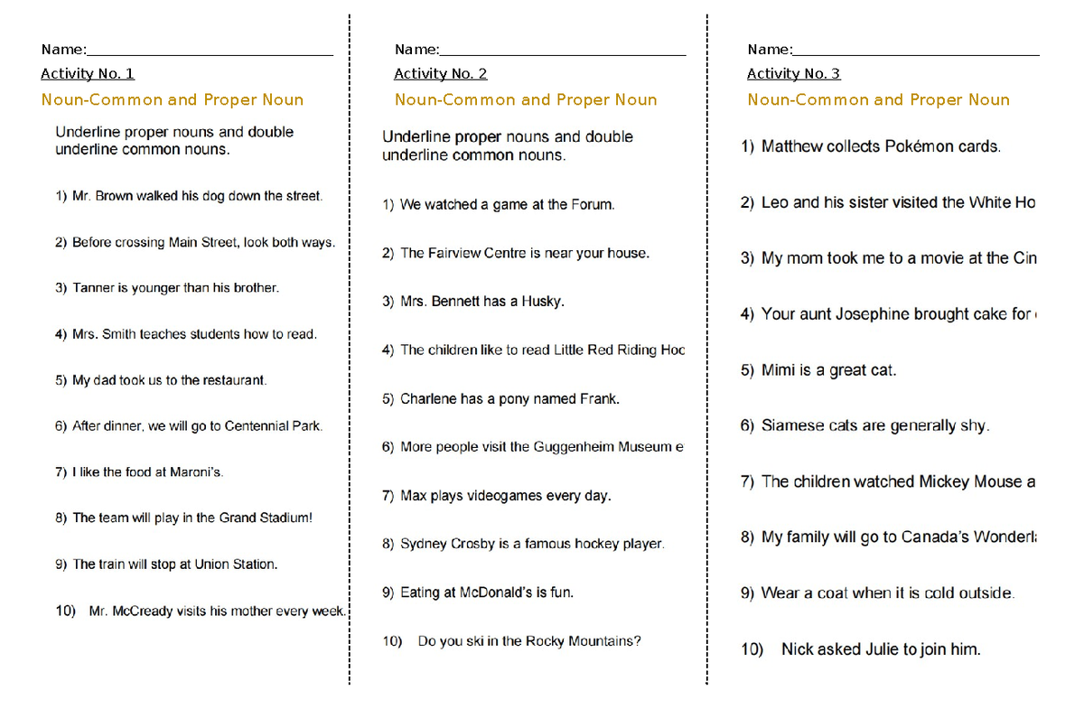 Worksheet in english - None - Activity No. 1 Noun-Common and Proper ...