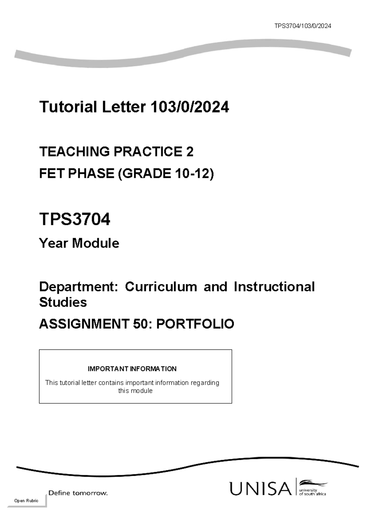 TPS3704: Teaching Practice 2 Portfolio Assignment 50 Guidelines - Studocu