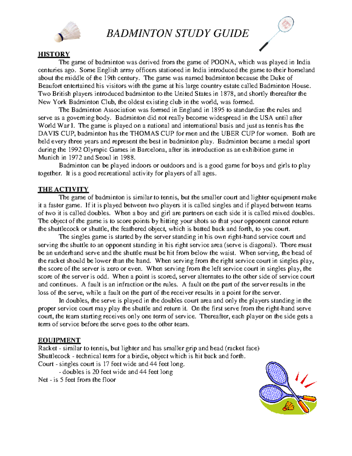Badminton - A lecture notes for PE - BADMINTON STUDY GUIDE HISTORY The ...