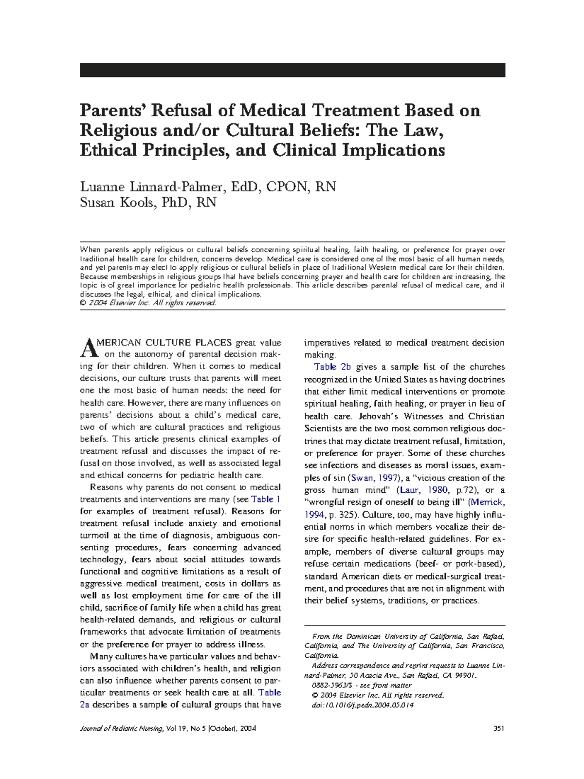 PR - Parents' Refusal of Medical Treatment: Legal, Ethical, and ...