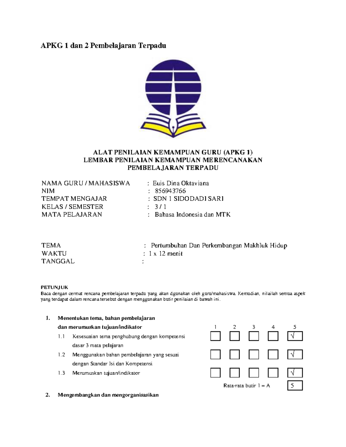Lembar Penilaian APKG 1 dan 2 - Pembelajaran Terpadu Kelas 3 - Studocu