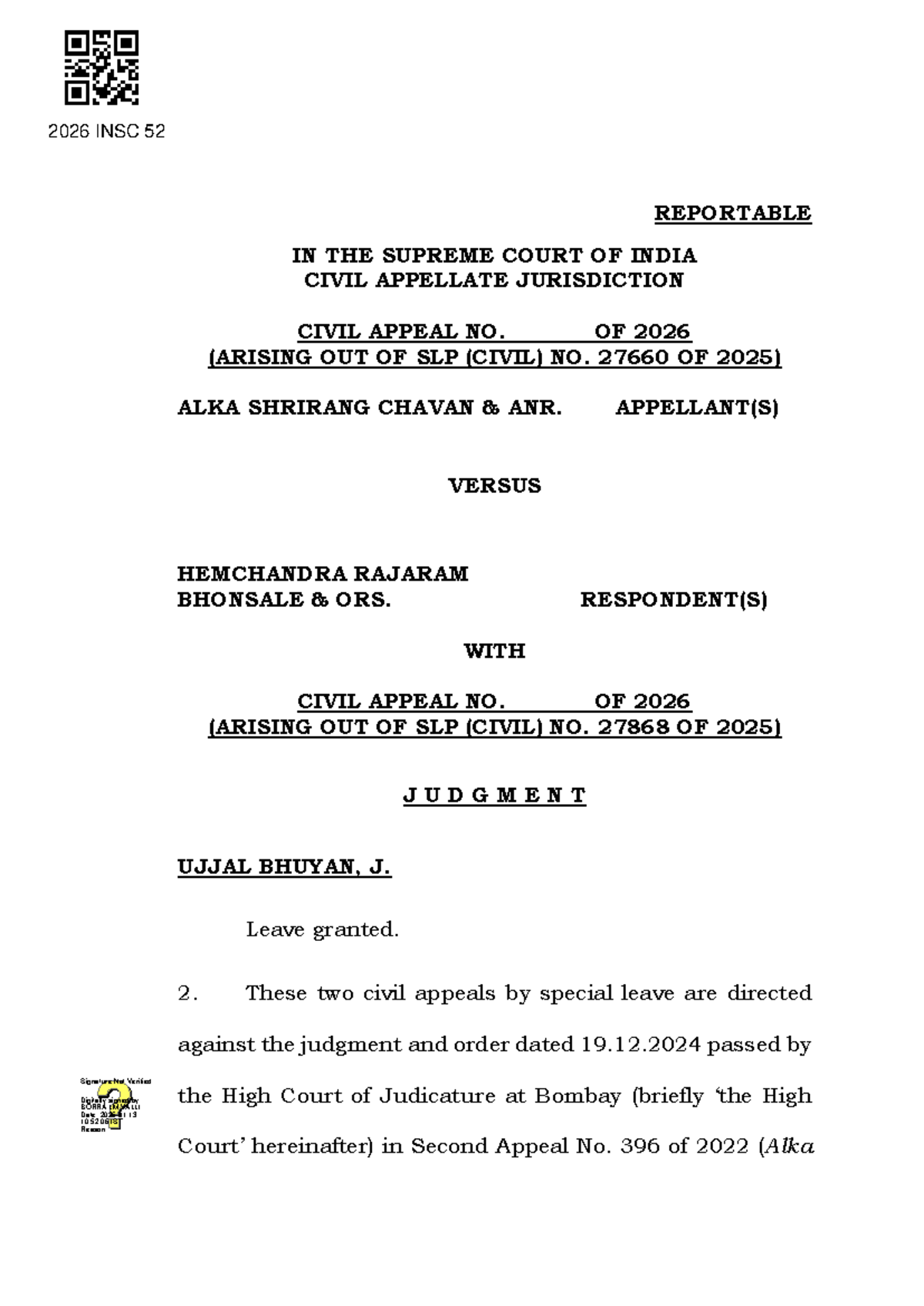 2026 INSC 52 Civil Appeal Analysis: Alka Shrirang Chavan vs. Hemchandra ...