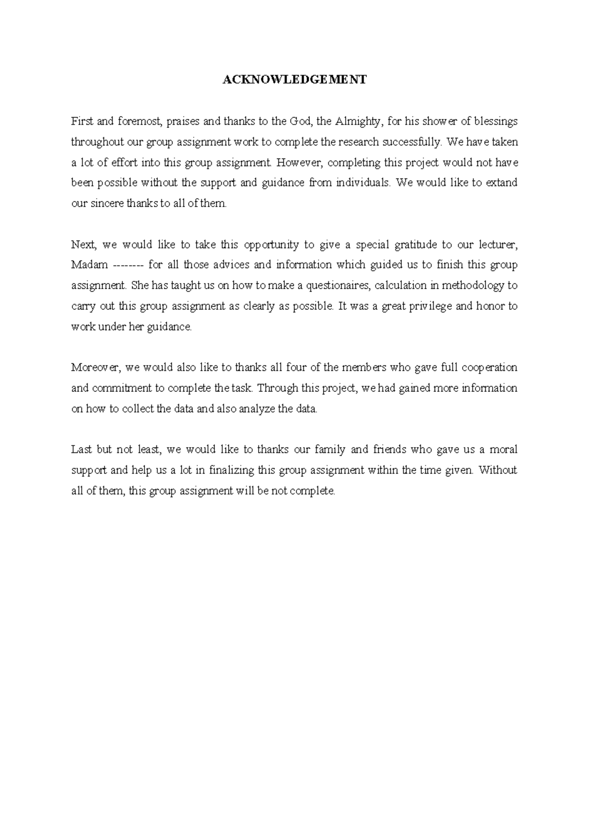 STA 104 Acknowledgement Group Assignment - ACKNOWLEDGEMENT First and ...