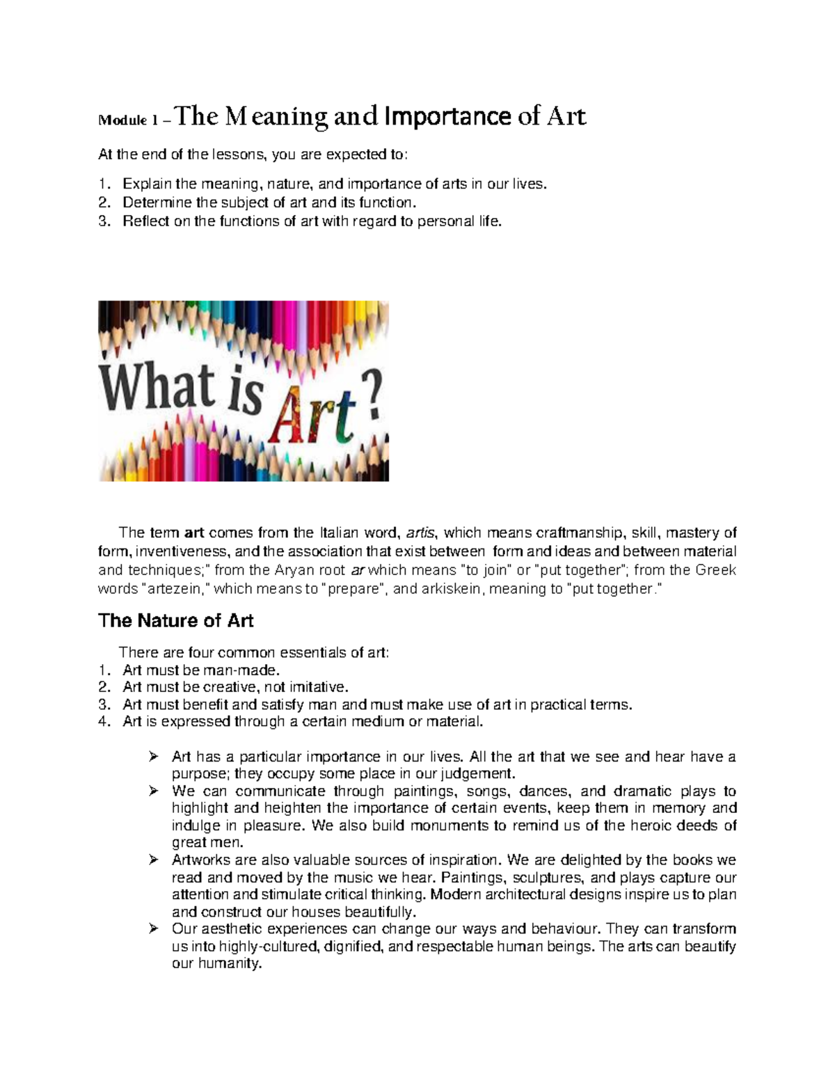 Module 1: Understanding the Significance of Art in Our Lives - Studocu