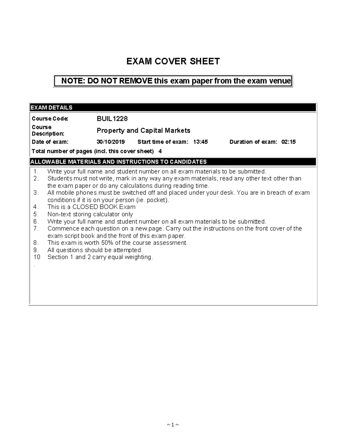BUIL 1228 Sm2 2019 - Practice exam paper - EXAM COVER SHEET NOTE: DO ...