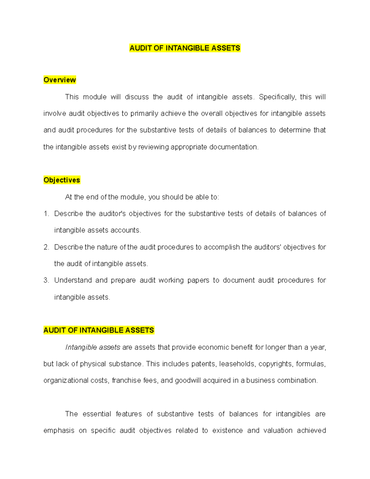 Audit of Intangible Assets - AUDIT OF INTANGIBLE ASSETS Overview This ...