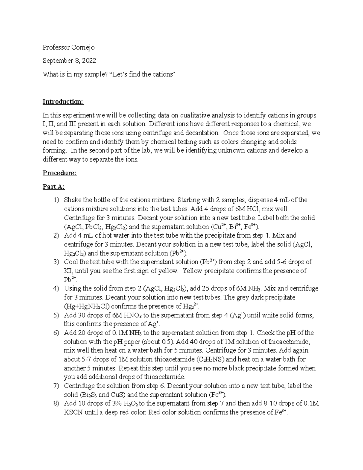 Chem 106 Lab Report 4: Identifying Cations in Solutions - Studocu