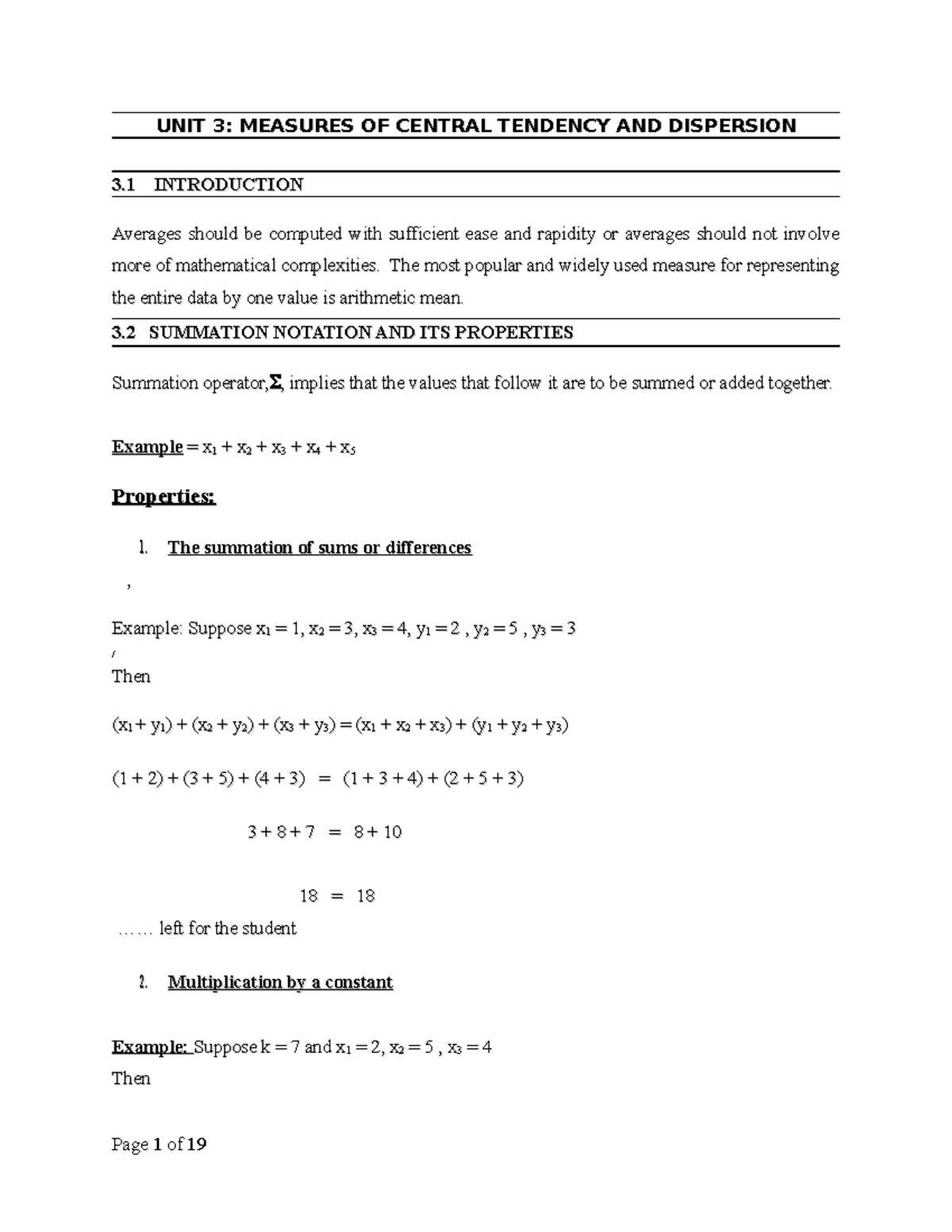 UNIT 3 Stat I - notes - UNIT 3: MEASURES OF CENTRAL TENDENCY AND ...